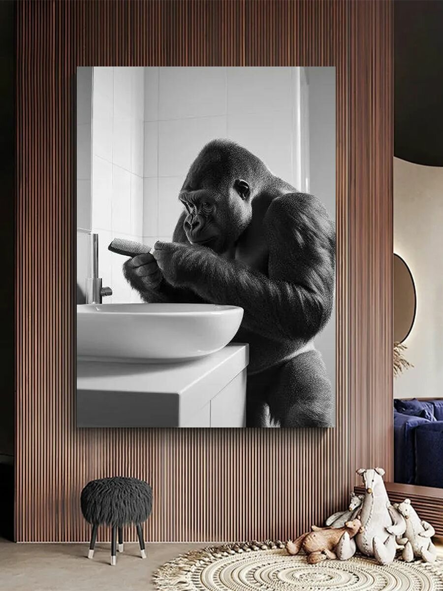 Вертикальная картина на холсте - "Животные / Горилла в ванной" , 30х40 см.