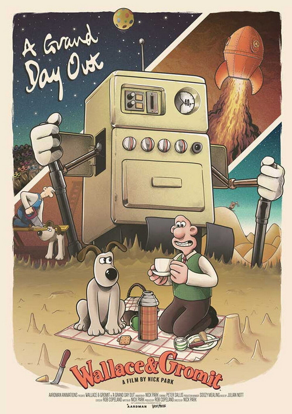 Плакат, постер «Уоллес и Громит: Великое угощение» Wallace & Gromit: A Grand Day Out**Год 1989** на холсте, размер 21х30см