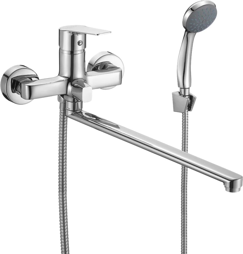 Смеситель с длинным изливом для ванны Milardo Helic HELSB02M10 с душевым гарнитуром, поворотный, латунный, хром, глянцевый, смеситель для ванны с душем, рычажный, с настенным держателем