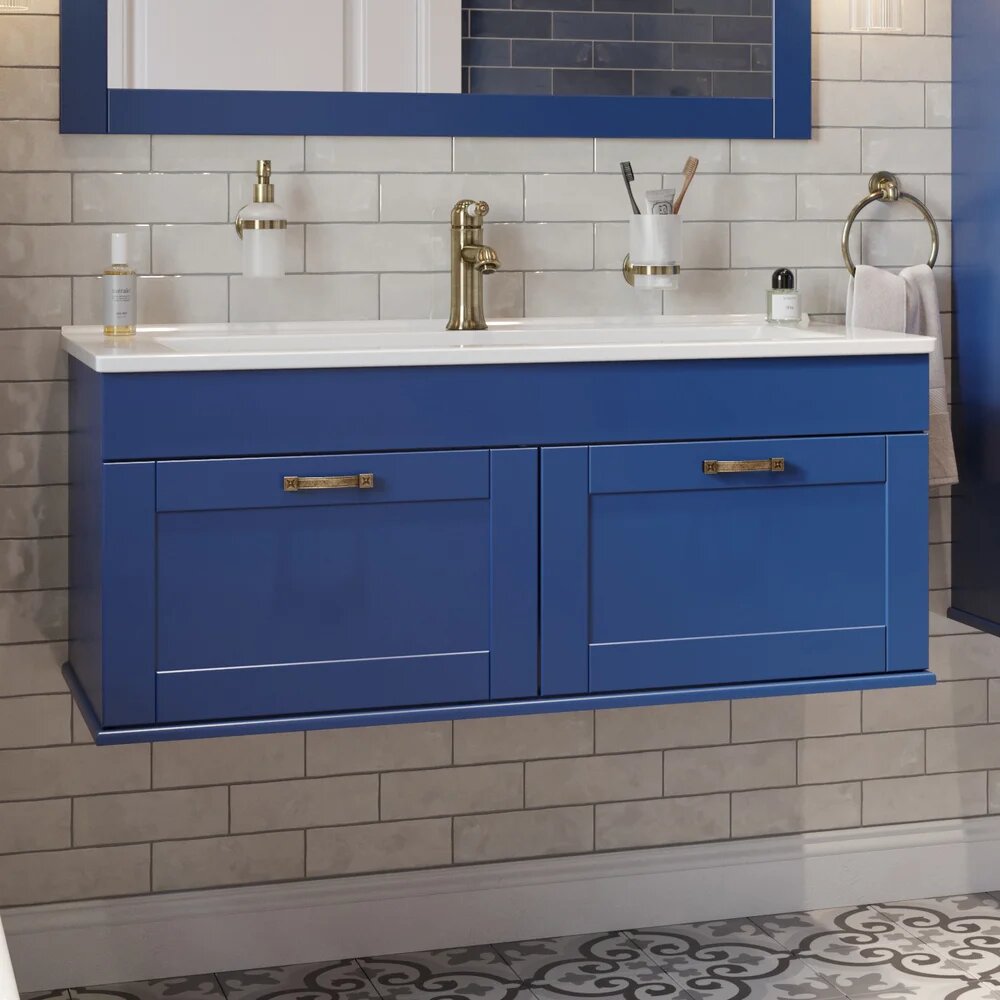 Тумба под раковину без столешницы Sanflor Ванесса 105 подвесная, синяя, матовая, из МДФ, тумба для ванной, с ящиками, с доводчиками