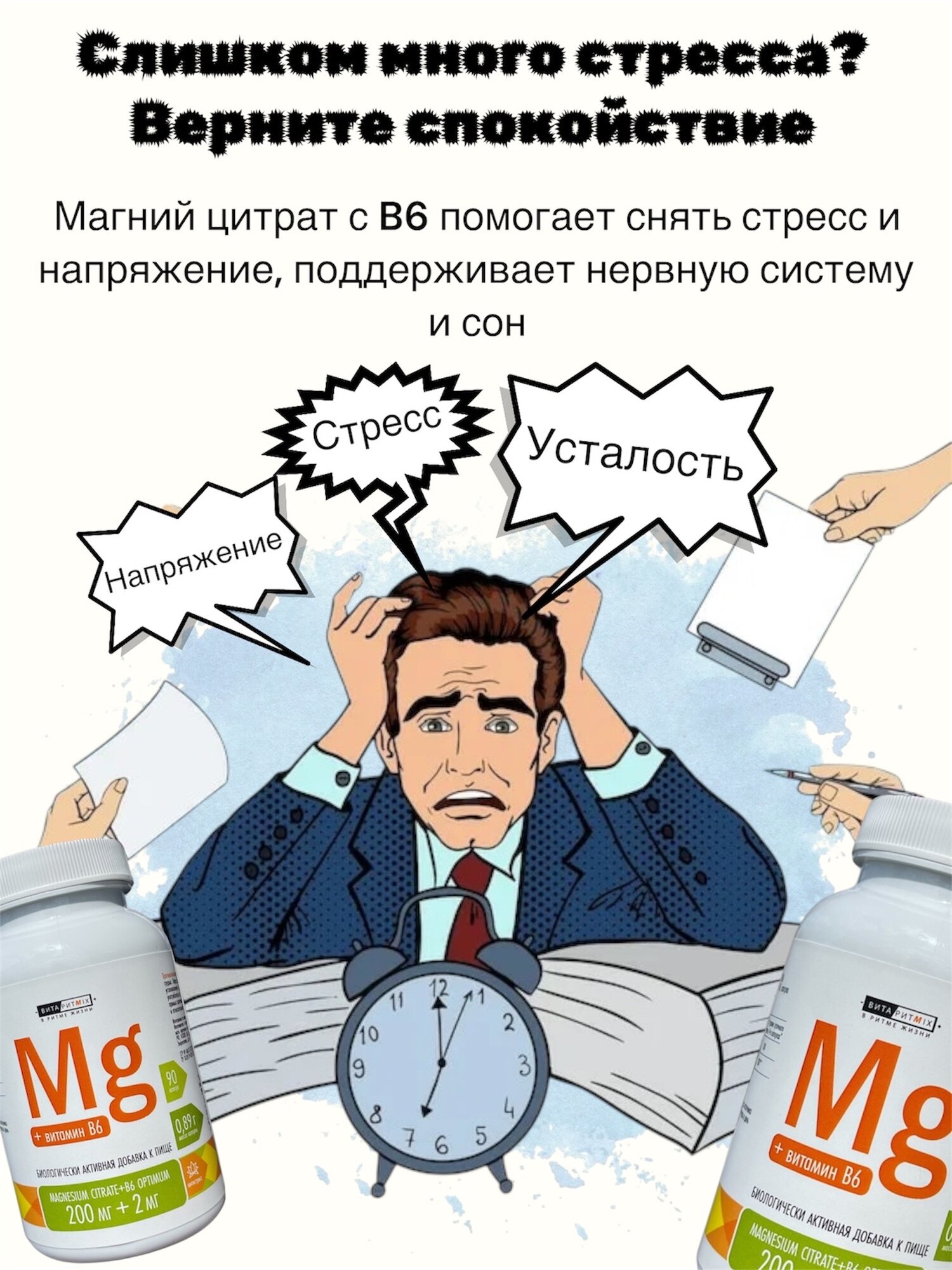 Магний Цитрат + B6 ВитаРитMIX 400 мг +4 мг при стрессе, судорогах, бессоннице, 60 капсул