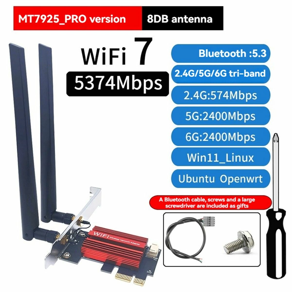 MT7925 WiFi 7 PCI-E Адаптер Карта Трехдиапазонный 2.4G/5G/6GHz 5374Mbps