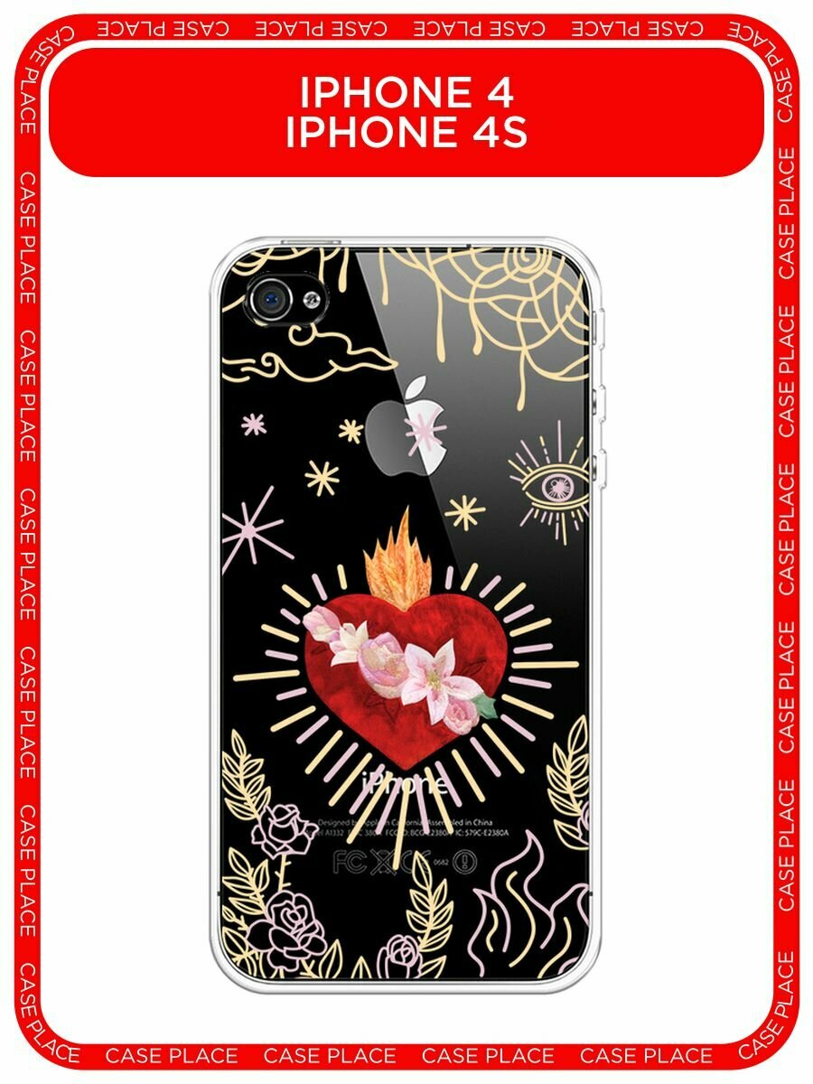 Чехол на Apple iPhone 4/4S / Айфон 4/4S с принтом "Сердце в цветах", прозрачный