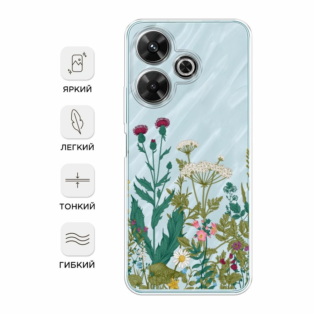 Чехол на Xiaomi Redmi Note 13R/Redmi 13/Poco M6 4G/M6 Plus с принтом "Дикие полевые цветы", прозрачный — фото 1