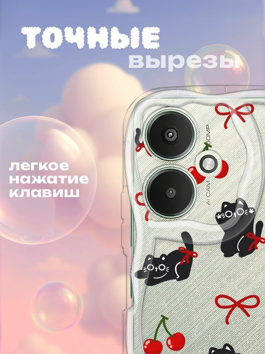 Чехол на Xiaomi Redmi 13C/Poco C65 / Редми 13C/Поко C65 с принтом "Котик, вишня и бантики" — фото 1