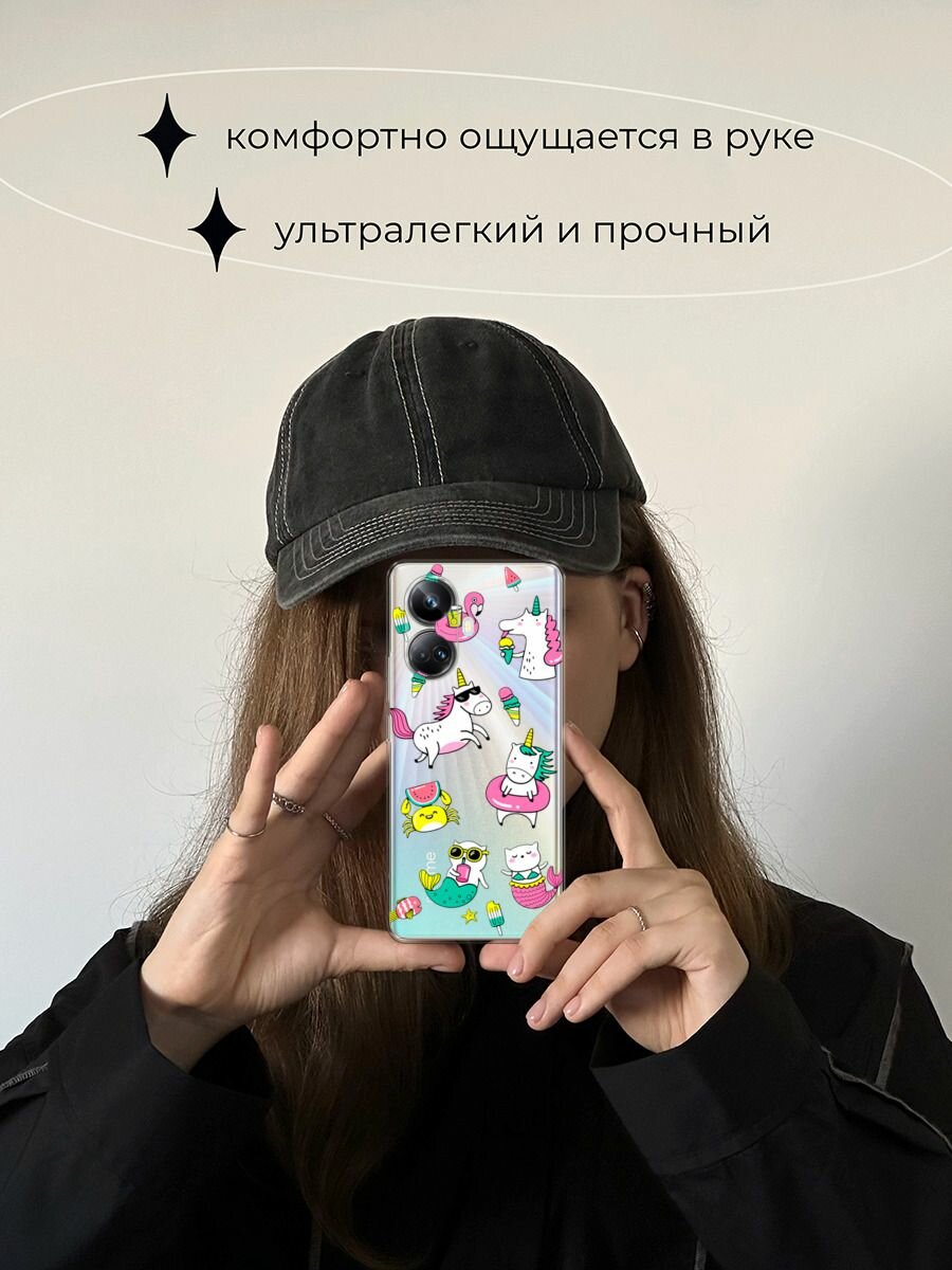 Чехол на Realme 10 Pro+ / Реалми 10 Про+ с принтом "Единороги в отпуске", прозрачный — фото 1