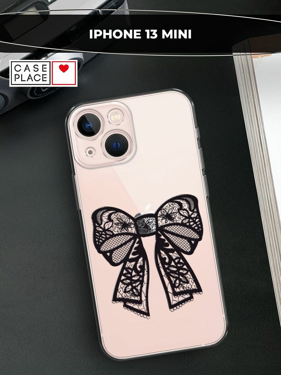 Чехол на Apple iPhone 13 mini / Айфон 13 мини с принтом "Черный сетчатый бант 2"