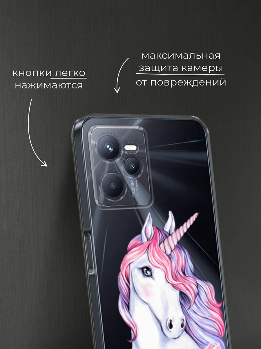 Чехол на Realme C35 / Реалми C35 с принтом "Единорог с пионами", прозрачный — фото 1