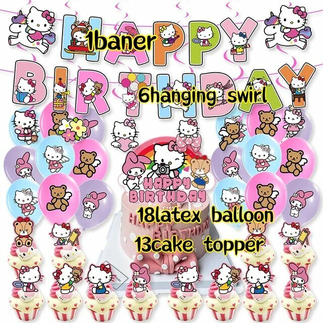 Украшения для дня рождения Hello Kitty, розовые баннеры из воздушных шаров, набор для украшения торта, надувные гелиевые шары в виде кошки Girl KT, товары для вечеринок своими руками.