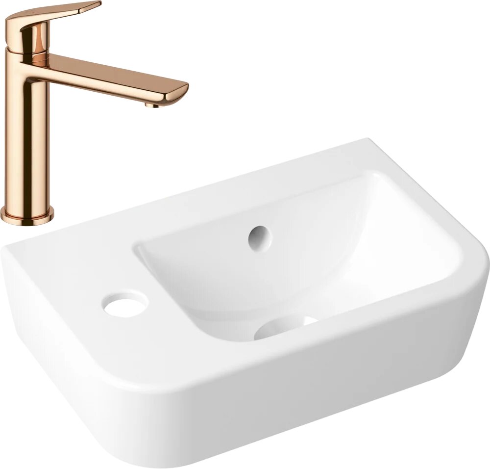 Комплект 2 в 1 Раковина маленькая Lavinia Boho One 33310001L 37 глянцевая белая / Смеситель Wellsee ICON! for life 182304000, розовое золото