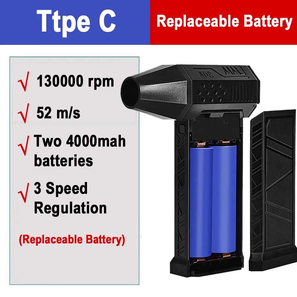 Бесщеточный мини-турбореактивный вентилятор 7,4 В, электрическая воздушная тряпка 130000 Об/мин, скорость ветра, 52 м/с, инструмент для очистки автомобильного компьютера, турбовентилятор, Type C-Replaceable