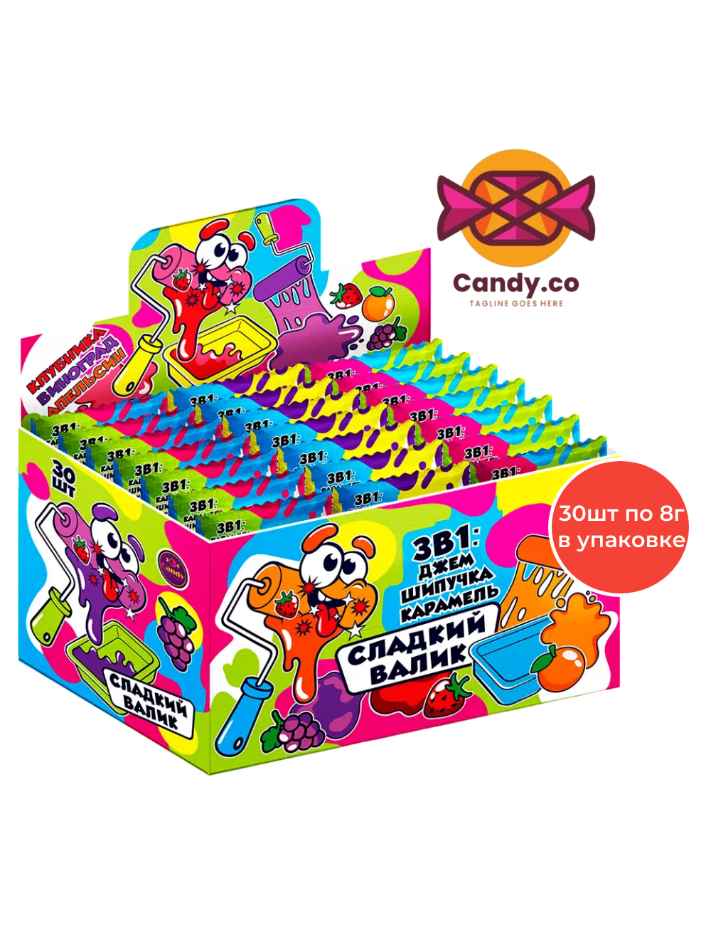 Леденец Сладкий валик CandyBrands, со вкусом шипучки, карамели, джема, 30шт по 8г