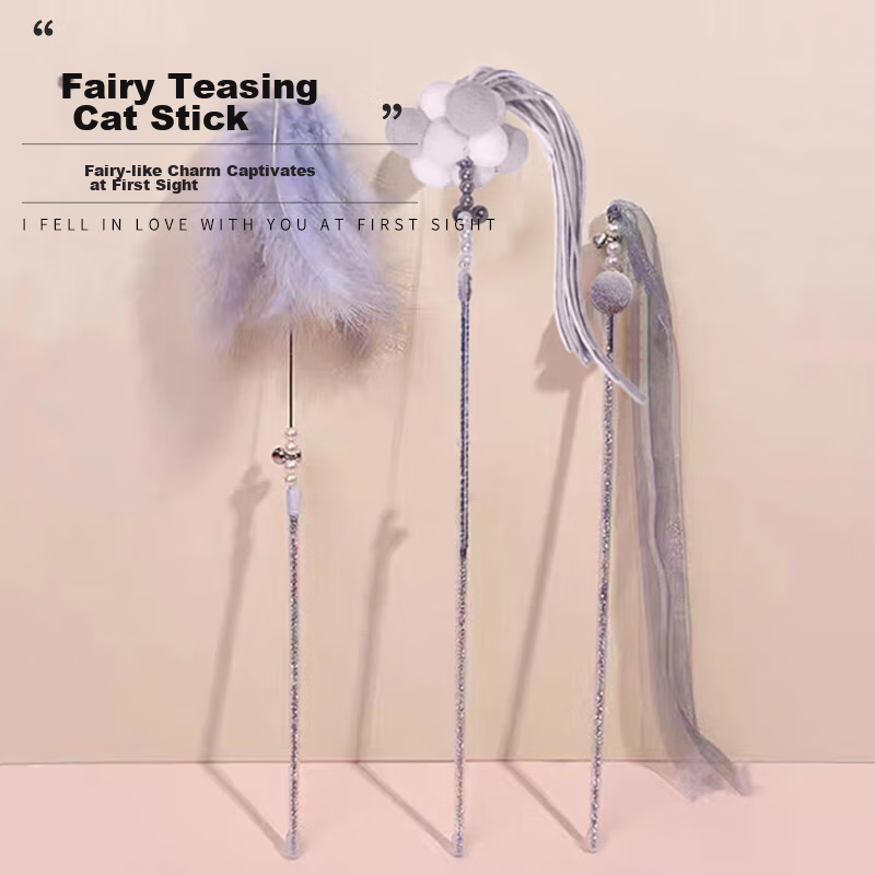 HOUYA Feather Cat Teaser Wand Set of 3, Extended 40cm Metal Steel Wire Feather Toy for Cats