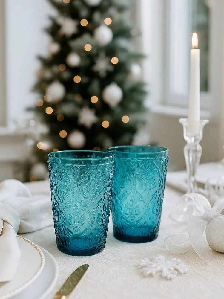 Стаканы, подарочный набор цветных, высоких, голубые 2 шт, 390 мл, с рисунком. Упрочненное цветное стекло.