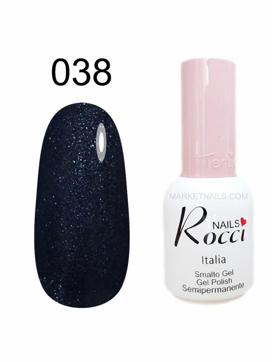 Tertio, Гель лак Rocci Nails №038 Черный с блестками 10 мл