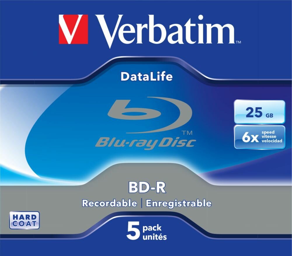 Оптические диски Verbatim BD-R SL 25 ГБ 6X DataLife с покрытием HardCoat бело-синий 5 шт. в коробках