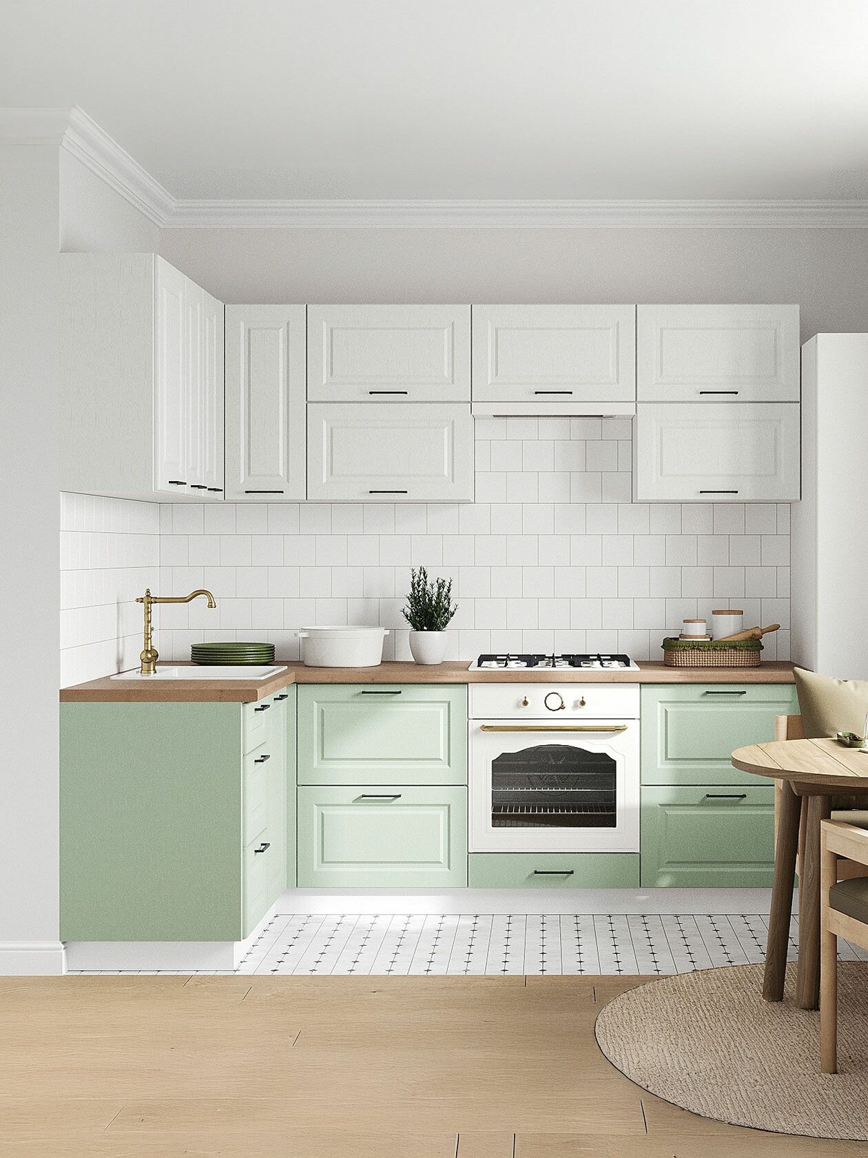 Кухонный гарнитур угловой Шервуд 2.4х1.4 м, мебель для дома и кухни, Белый / Арктик / Шато мята