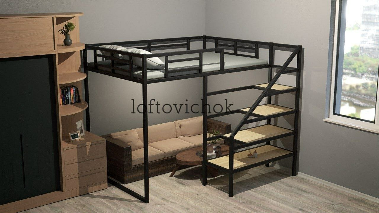 Кровать-чердак "Marta", металлическая, черная, лофт,160x200x190 см