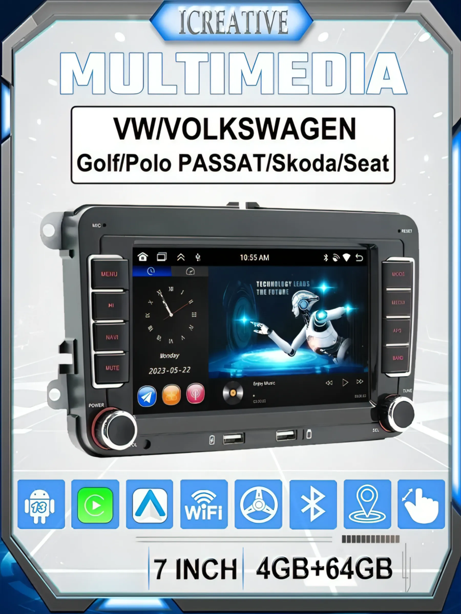 Магнитола Volkswagen, 4+64ГБ WIFI, 2DIN, для Golf/Polo/PASSAT/SEAT/Skoda, с сенсорным управлением, выгодный