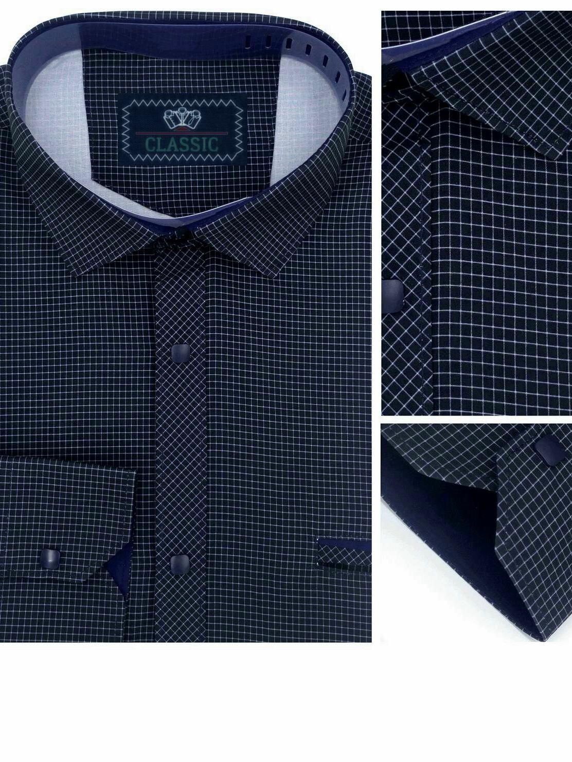 Рубашка Мужская рубашка с длинным рукавом прямая классическая, темная сорочка на кнопках, рубаха на любой сезон, черная мелкая клетка, с карманом, на любой сезон и на лето рубашка