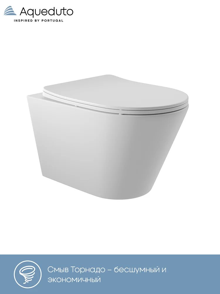 Унитаз подвесной Aqueduto Cone Tornado CONT2120 с микролифтом, безободковый, овальный, без бачка, фарфоровый, антивсплеск, белый
