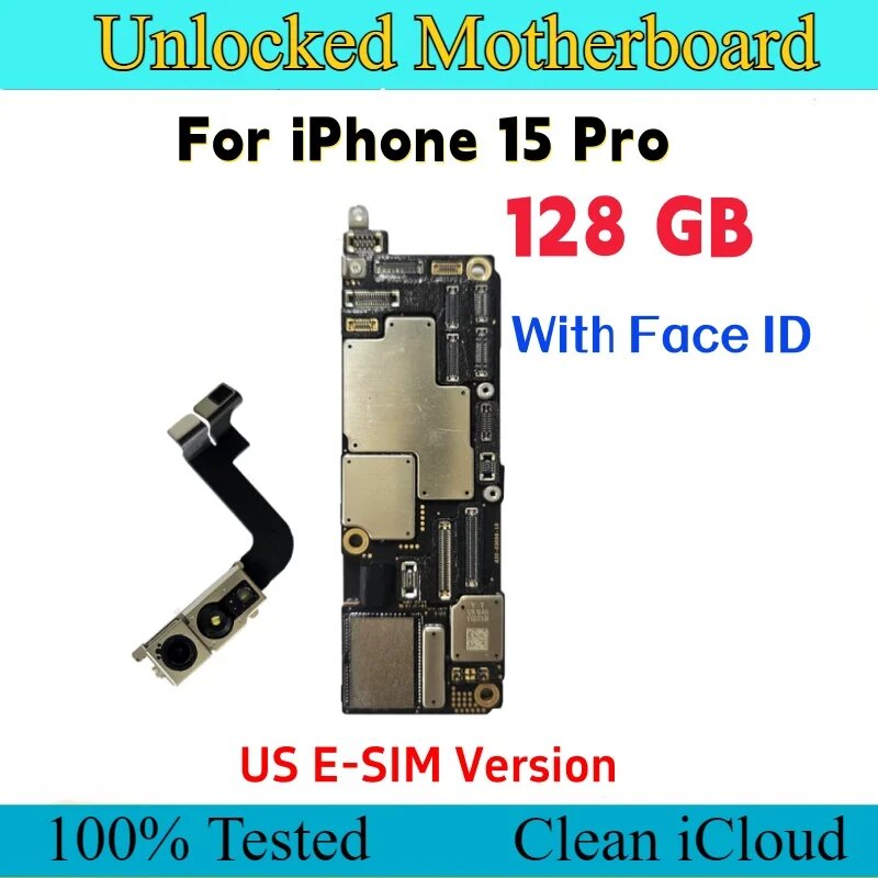 Протестированная материнская плата для iPhone 15 Pro, материнская плата 128 ГБ, 256 ГБ с разблокированной чистой платой iCloud с разблокировкой E-SIM 128G Face ID