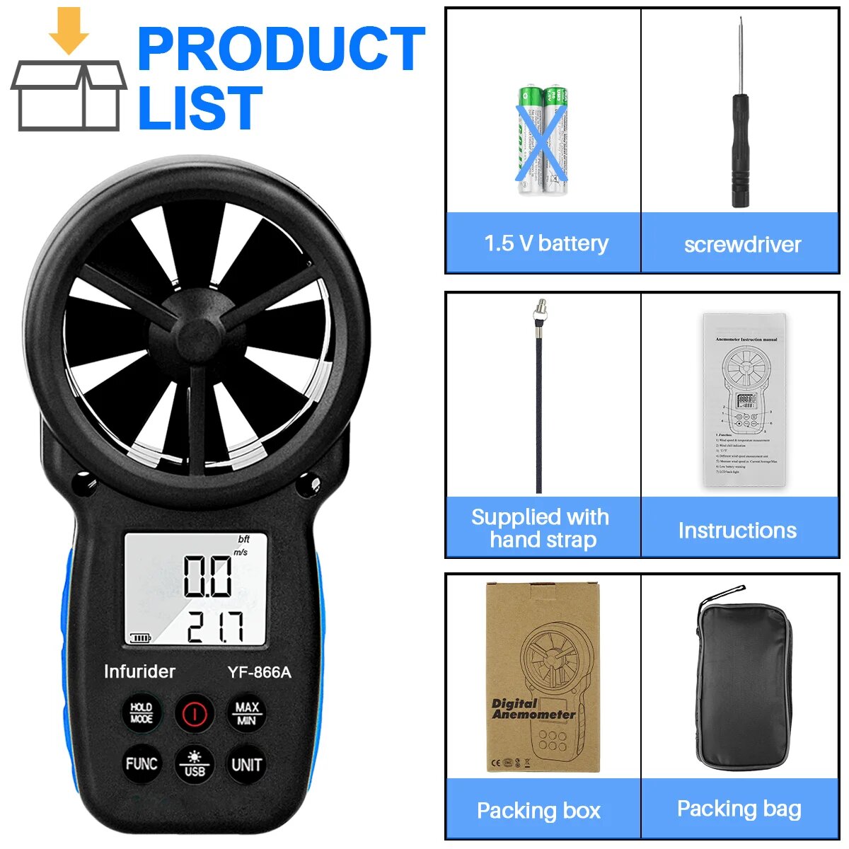 Ручной анемометр CFM-метр, измеритель воздушного потока HVAC, измеряет скорость ветра, монитор воздушного потока, температура влажности для пылесборника переменного тока