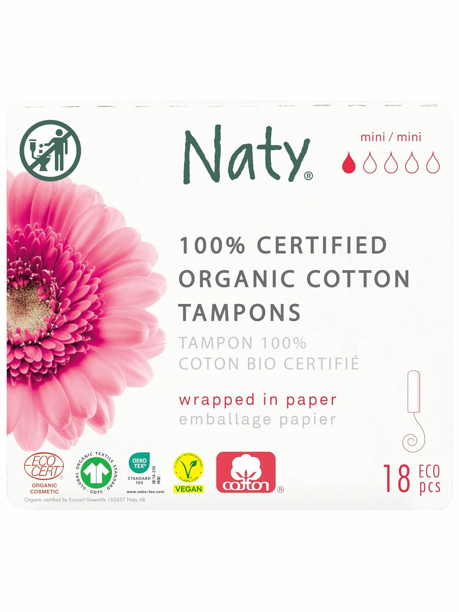 Органические гигиенические тампоны Eco by Naty Mini, 1 капля, 18 шт