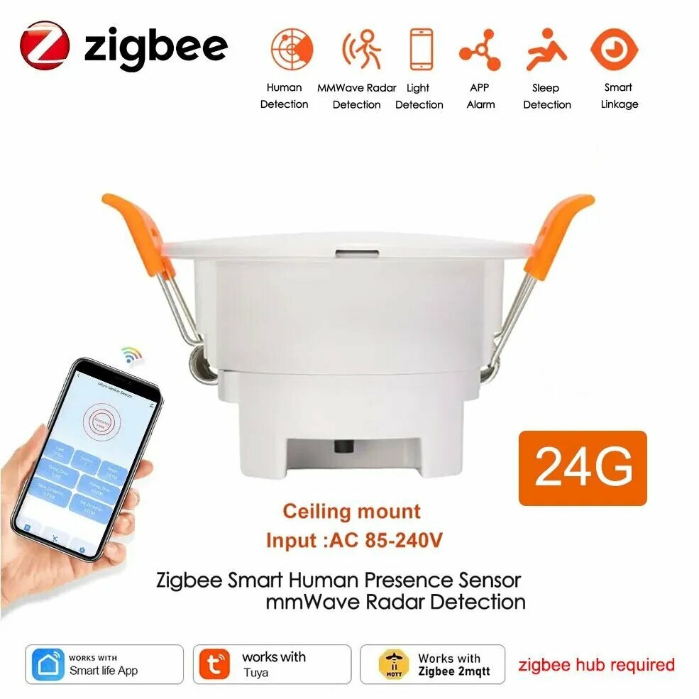 Zigbee датчик присутствия человека, 24G микроволновый радарный, умный домашний датчик движения с определением интенсивности Тип потолка