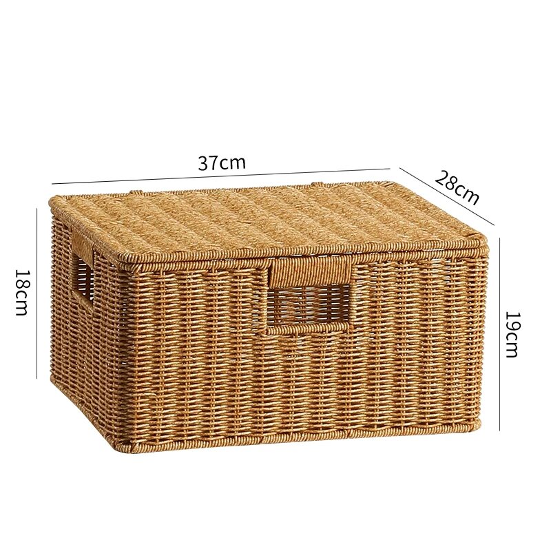 Светло-бежевая корзина для хранения с крышкой; 37x28x18 см, подходит для организации мелких предметов на столе или в