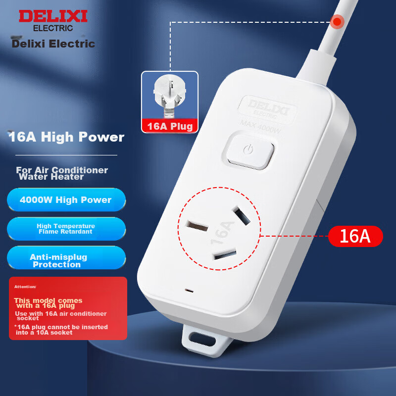 DELIXI 16A High-Power Air Conditioner Socket with Switch Power Strip/Extension Cord/Power Bar/Power Strip/Power Board 1 Outlet Master Control 3 Meters Long 98J-LKS16