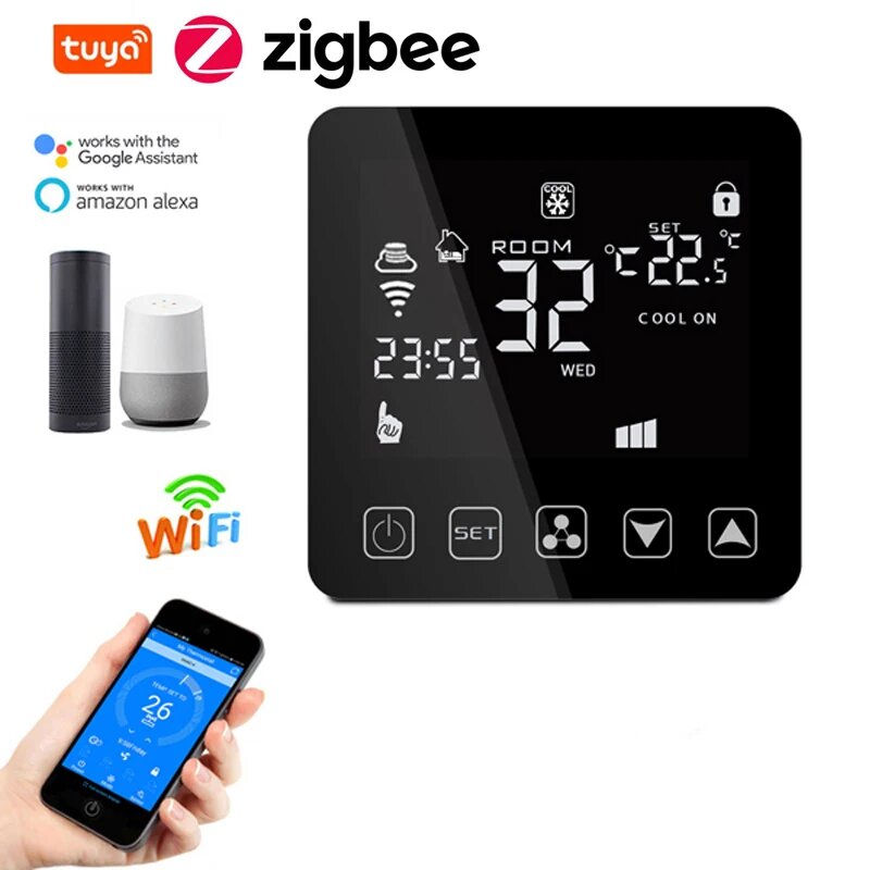 Умный термостат Zigbee с дистанционным управлением вентиляционно-коилевым блоком охлаждения и обогрева, вентилятором 3 скоростей, WiFi-термостат для комнаты, центральным кондиционером — черный2