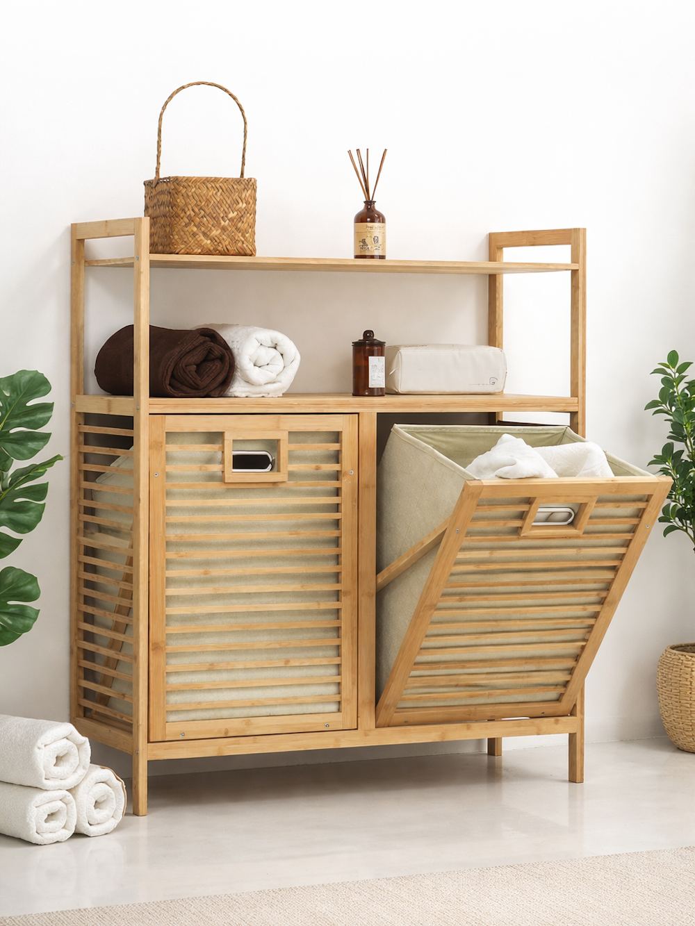 Стеллаж в ванную с корзиной для белья, этажерка для ванной Bambuchka, 80х30х95 см, натуральный бамбук