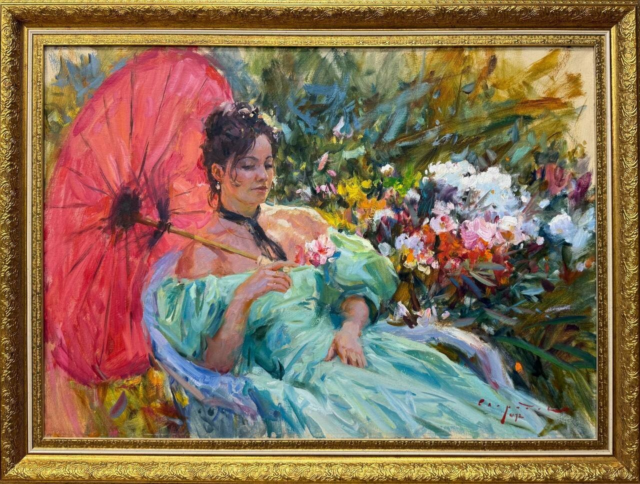 Картина маслом, люди "Красный зонт", 50х70 см. Автор Свиридов Сергей
