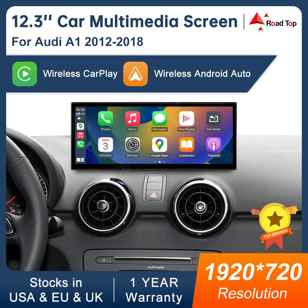 12,3-дюймовый сенсорный экран для Audi A1 2012-2018 с Airplay Miracast Wireless Carplay и Android Auto Мультимедийный дисплей