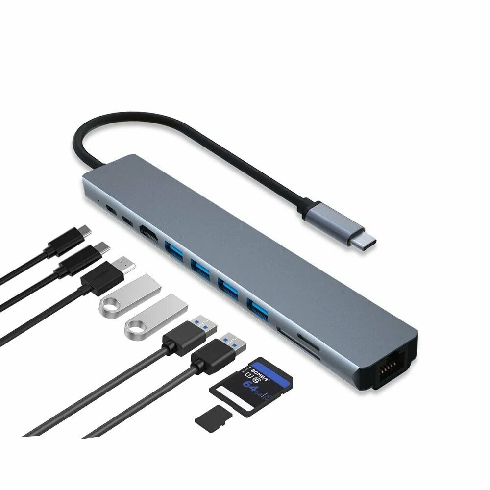 USB-концентратор 10 в 1, USB-C Hub с HDMI, 3xUSB 3.0, RJ-45, PD, SD/TF для MacBook, Samsung, iPad Pro и других устройств Type-C
