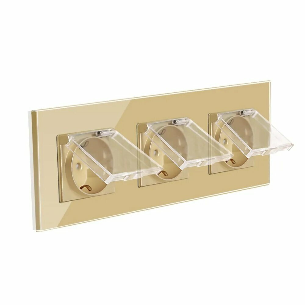 Розетка c водонепроницаемой крышкой 3 поста, Встраиваемая водонепроницаемая розетка на 16А стеклянна золото c землей