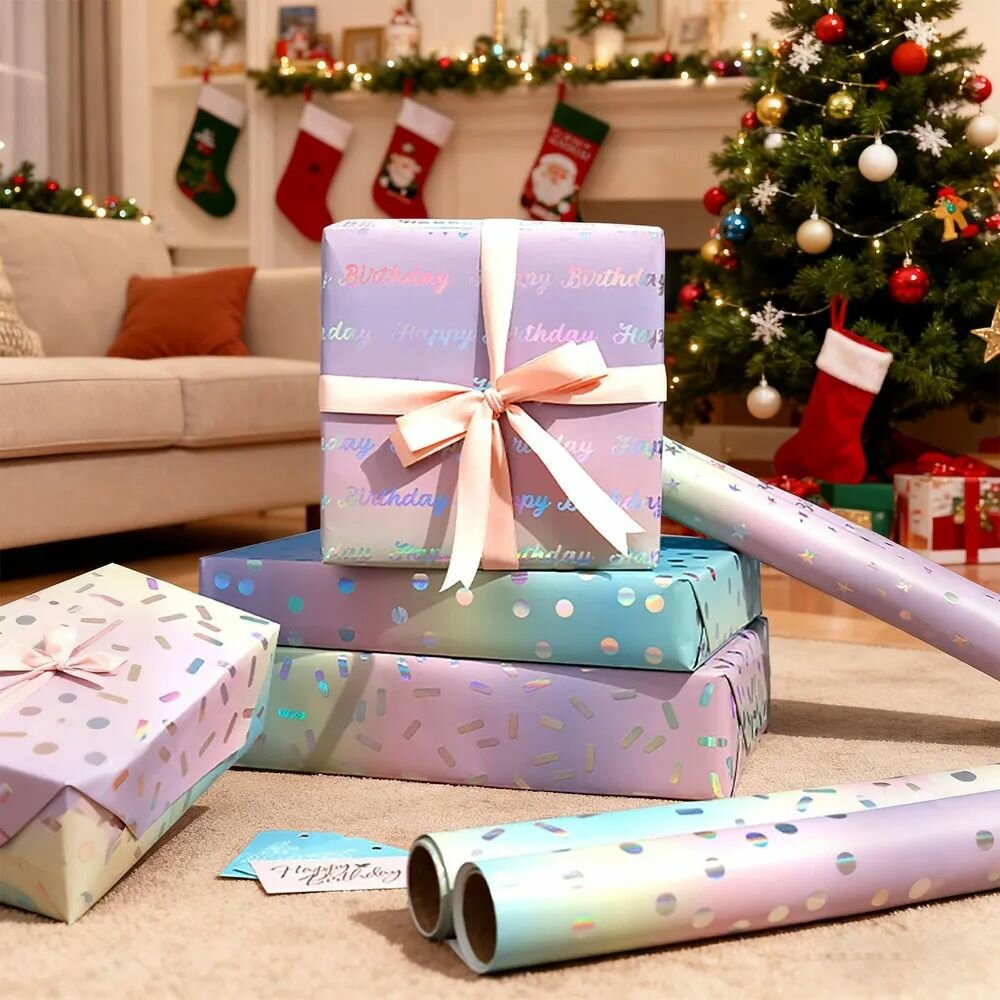 Бумага упаковочная для подарков , 1 рулона, праздничная, набор с узорами для дней рождения и торжеств