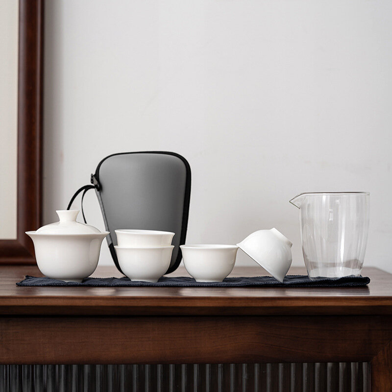 Белый нефритовый толстый белый фарфоровый гайвань, дорожный чайный набор, керамический, один горшок, четыре чашки, портативный дорожный набор для кунг-фу чая, белый фарфор Дехуа