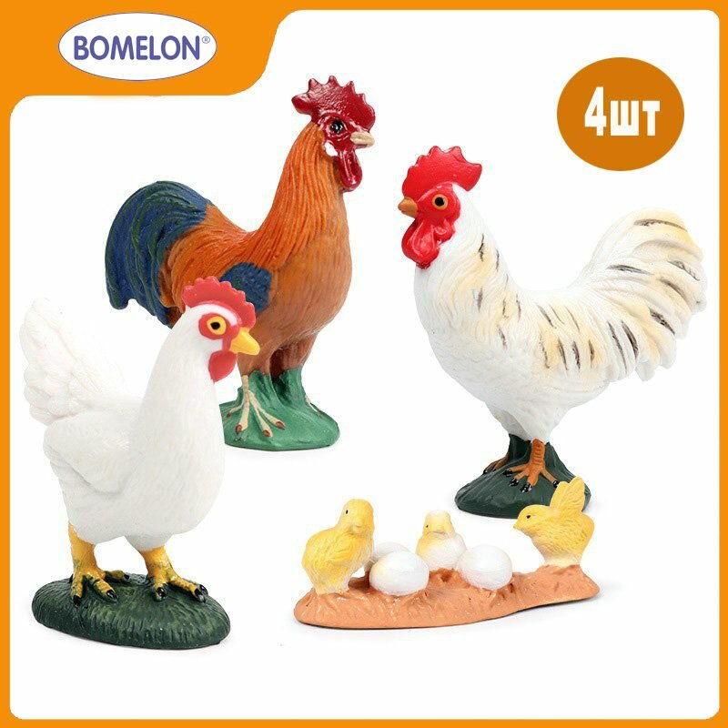 Фигурки животных для детей набор, петух и курица фигурки, 4 шт, ферма игрушечная