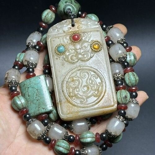 Подвеска из белого нефрита с драконом, инкрустированная бусиной дзи, бирюзовое ожерелье, украшение из драгоценного камня