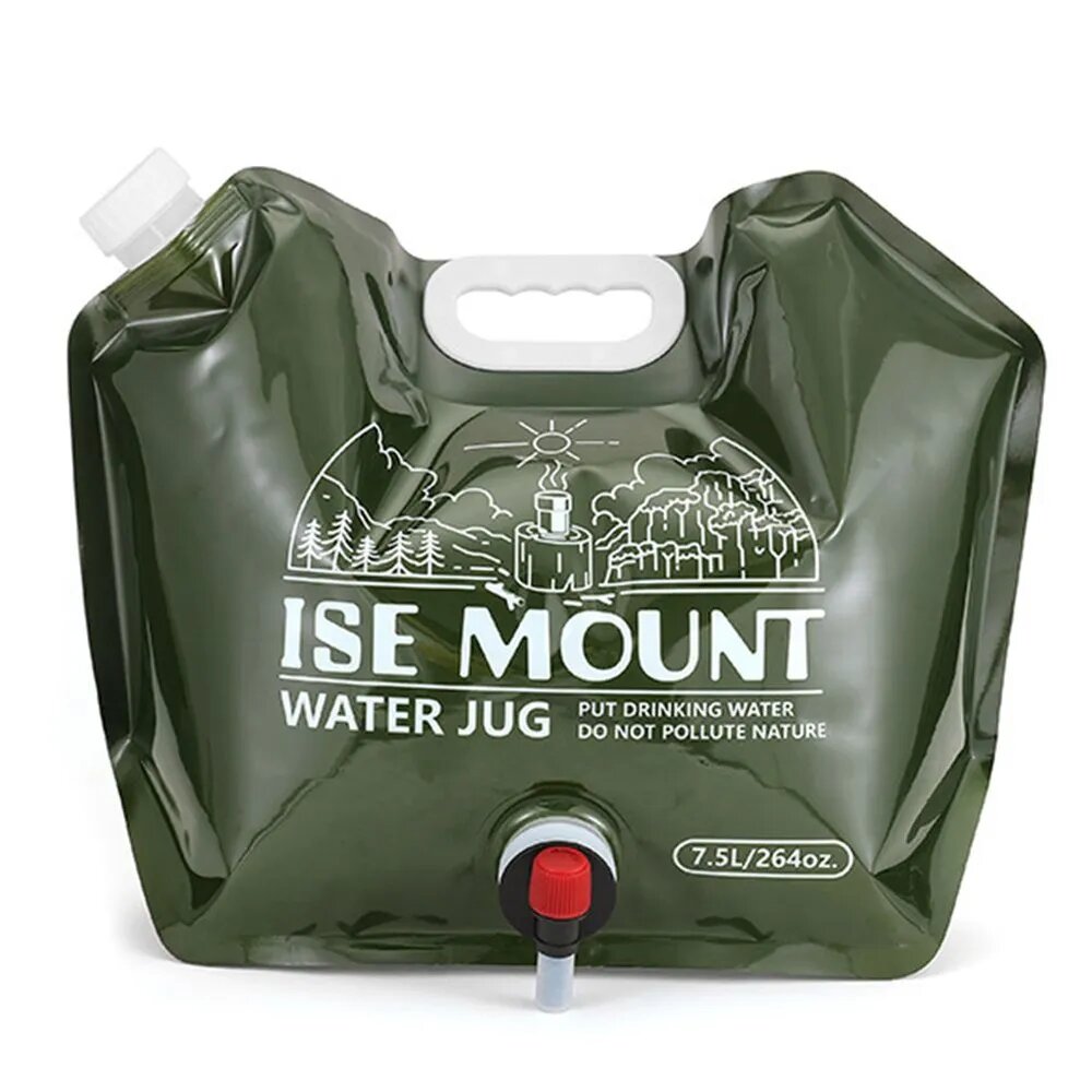 Портативная складная канистра для воды 7.5 л с клапаном, складная, зеленая
