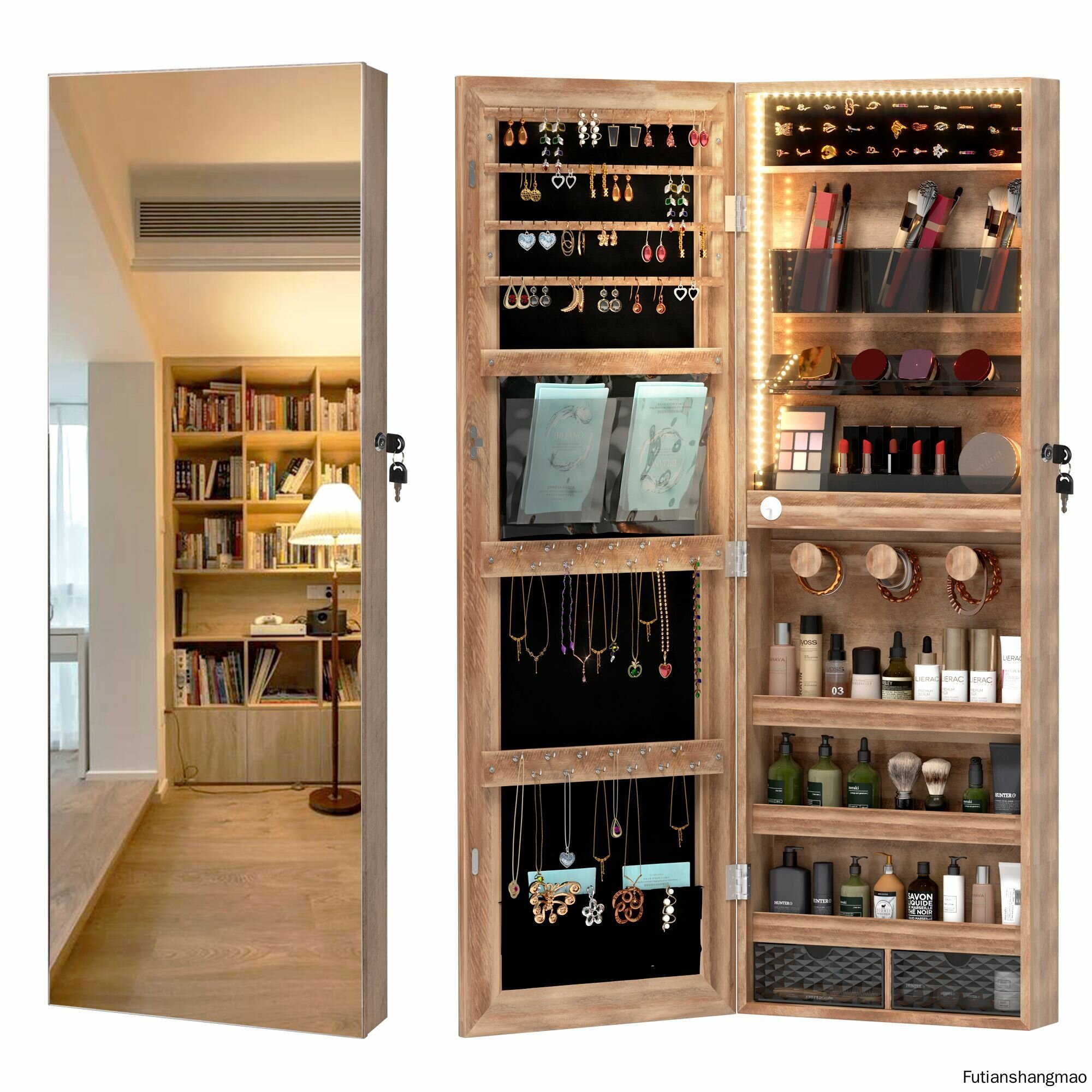 Зеркальный шкаф для одежды, в котором можно хранить украшения и косметику, можно повесить на стену или дверь.