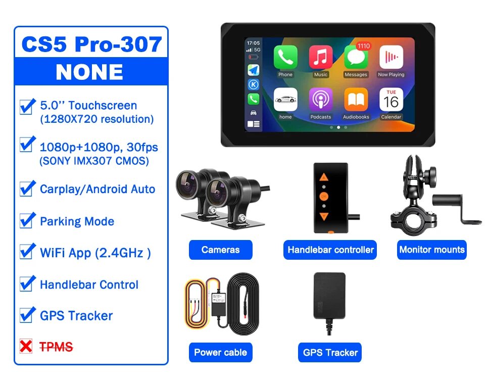 VSYS Carplay Android авто мотоцикл DVR GPS навигация 5,0 'сенсорный экран с фронтальной CS5 Pro