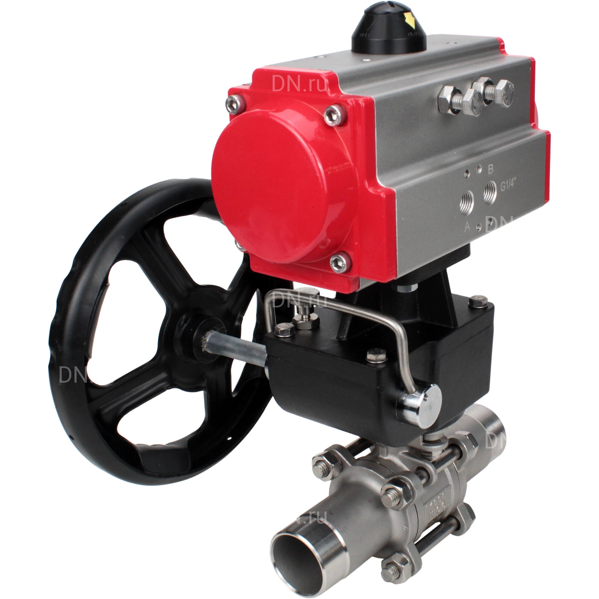 Кран шаровой DN.ru 316-316-PTFE-W-ISO-H Ду50 Ру40 полнопроходной, корпус - нержавеющая сталь 316, уплотнение - PTFE, под приварку, с пневмоприводом DN.ru DA-083 и редуктором DN.ru HDM-2