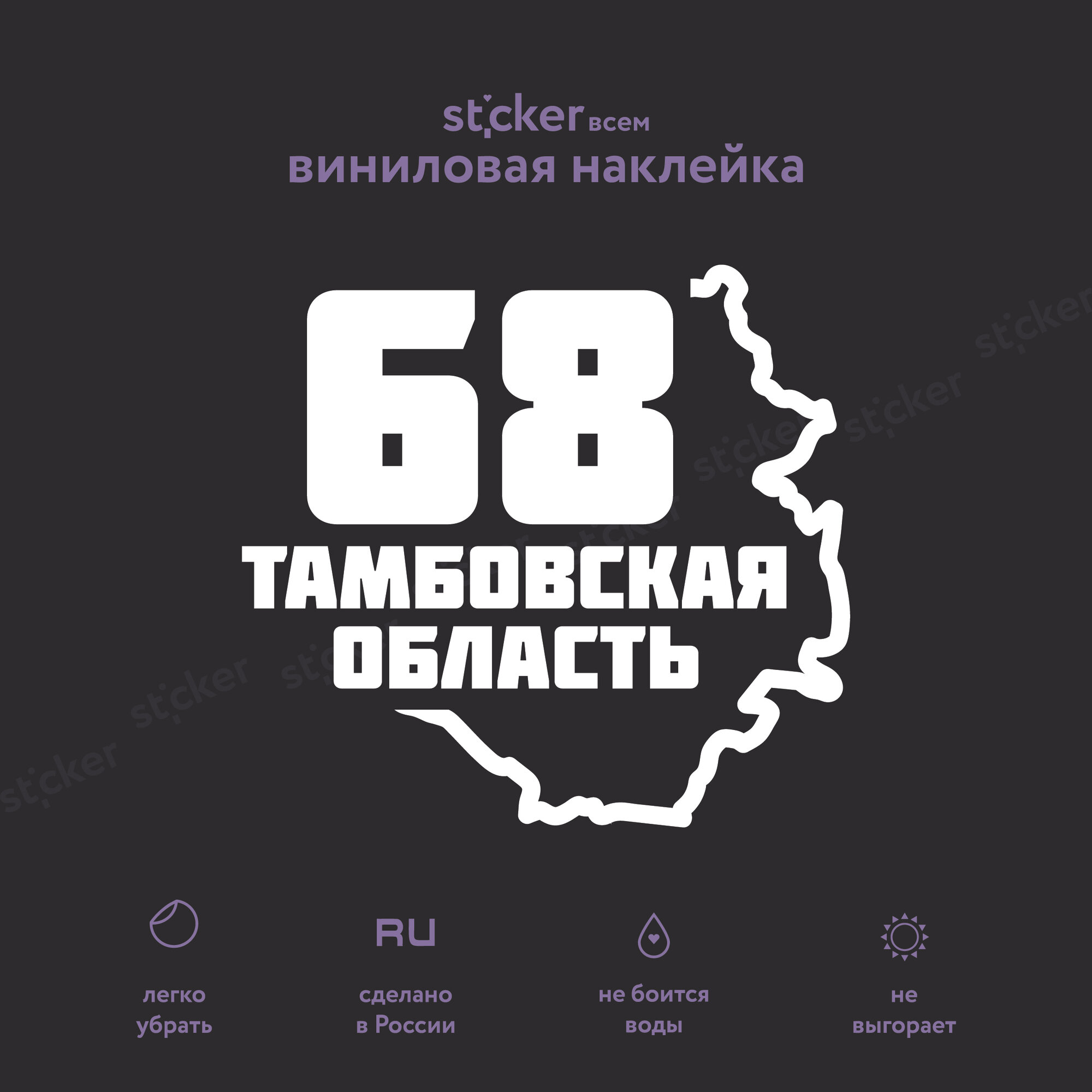 Наклейка "Тамбовская область / Тамбов / 68 регион" 15х15 см цвет белый