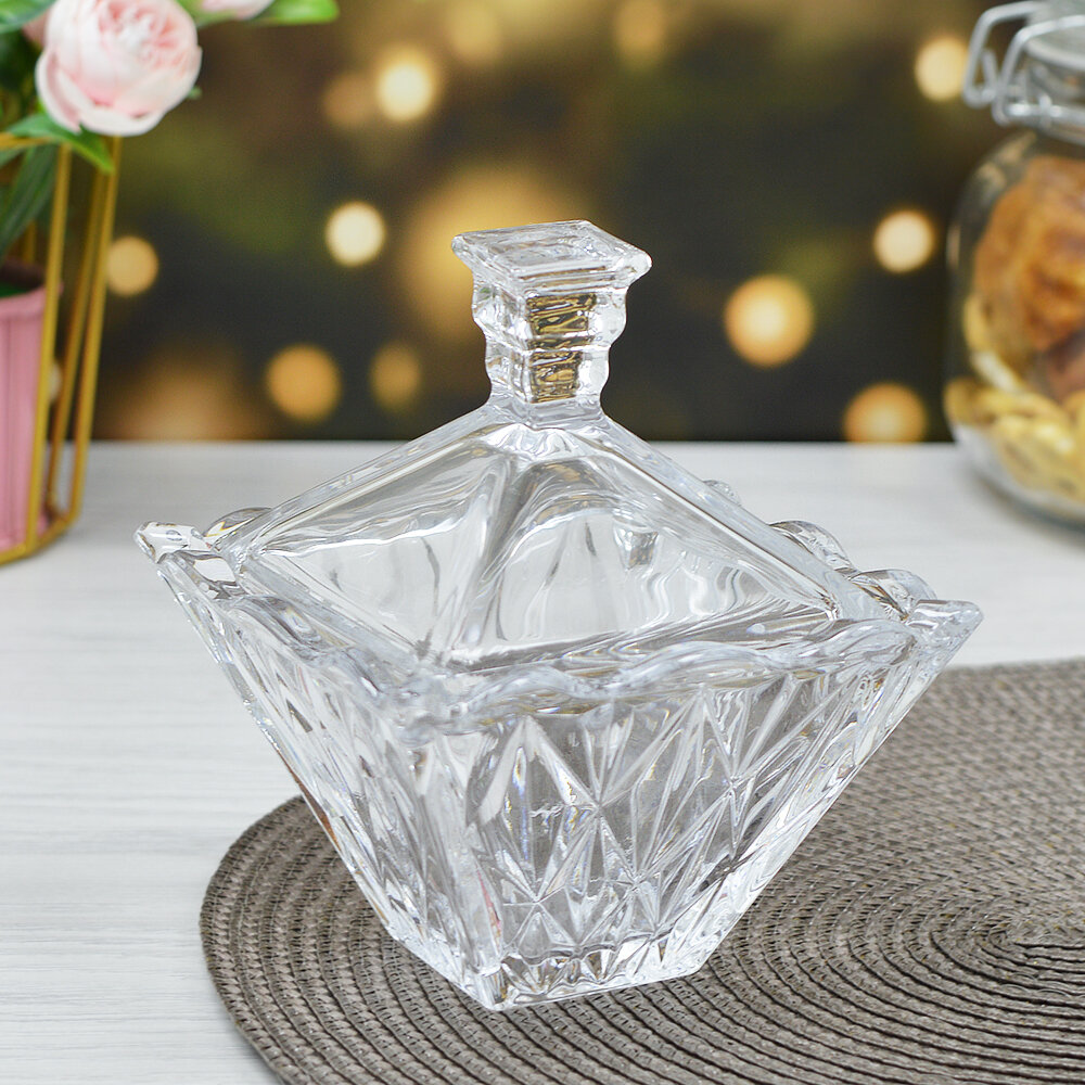 Ваза для конфет стеклянная с крышкой, 11х12,5см, прозрачная, рельефная