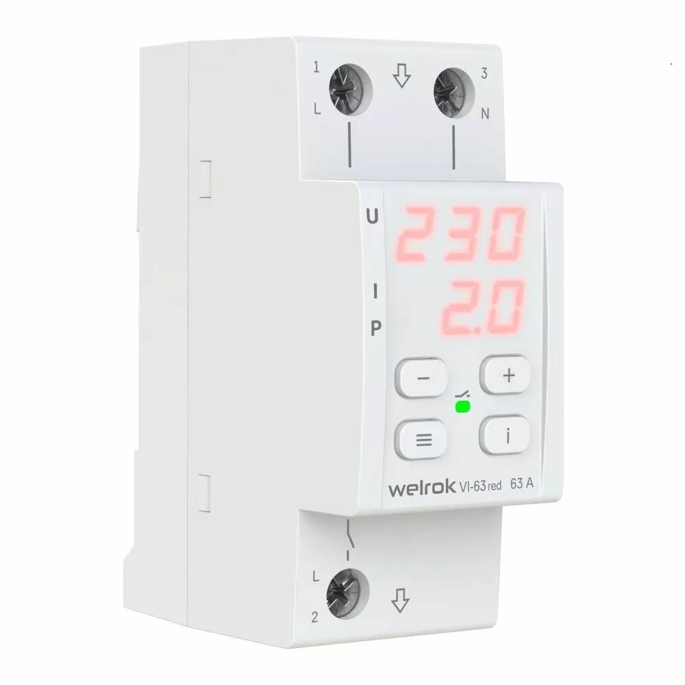 Реле напряжения Welrok VI-63 red, с контролем тока, напряжение срабатывания 120-280В