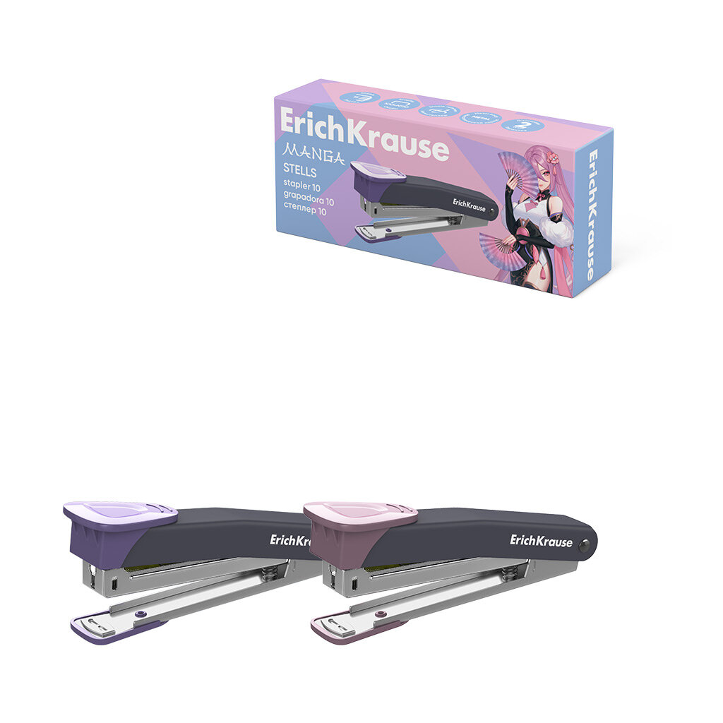 Степлер №10 Erich Krause Stells Manga до 15 листов, ассорти (в коробке по 1 шт.)+ скобы№10