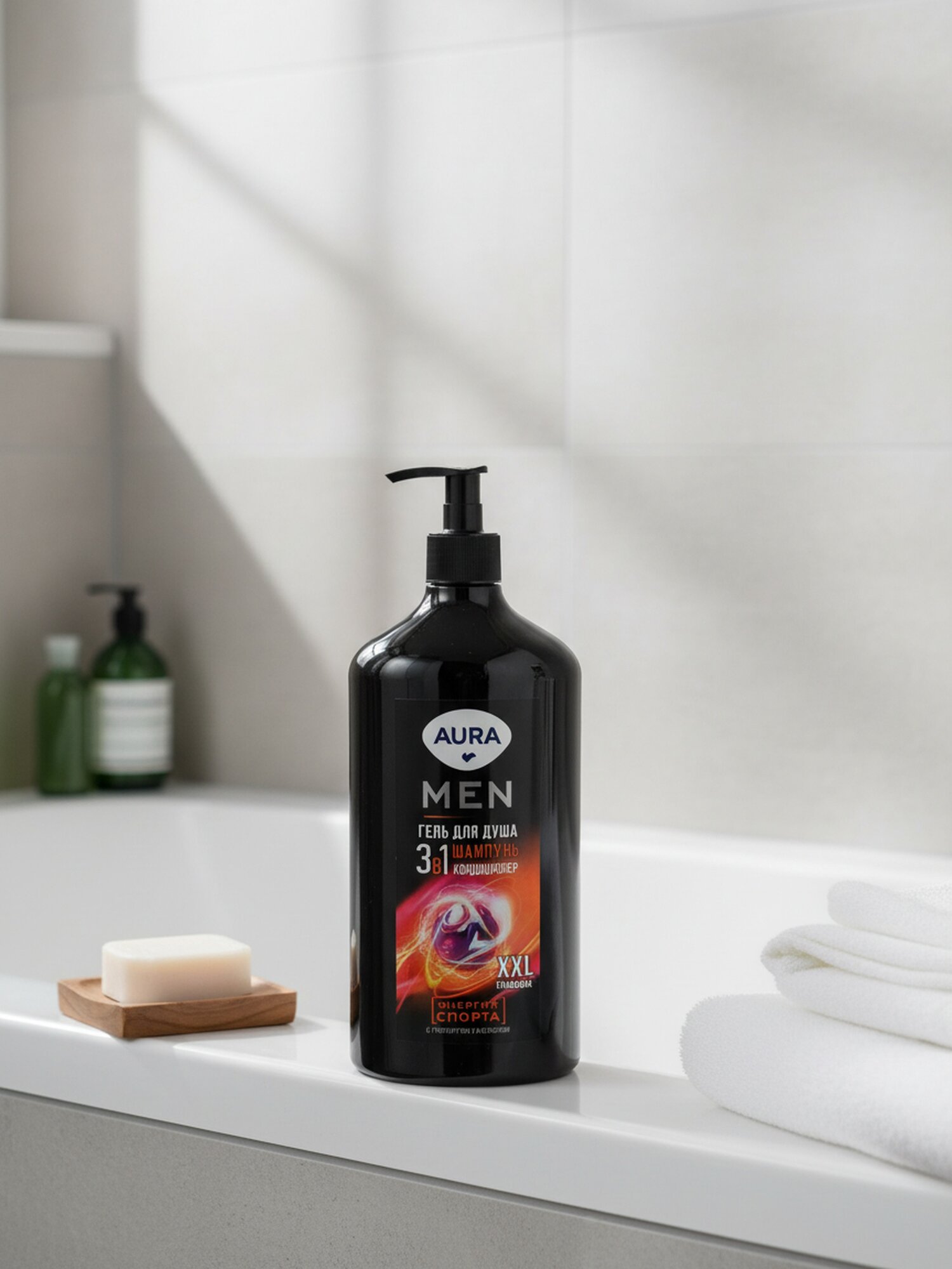 Мужской гель для душа Aura Men 3в1 Энергия спорта, шампунь и кондиционер для волос, большой объем 750 мл с дозатором
